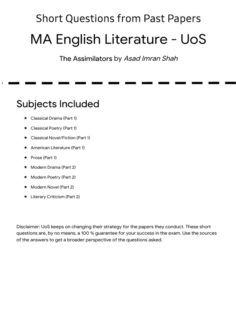 Solved Short Questions From Past Papers For MA English Sargodha ...