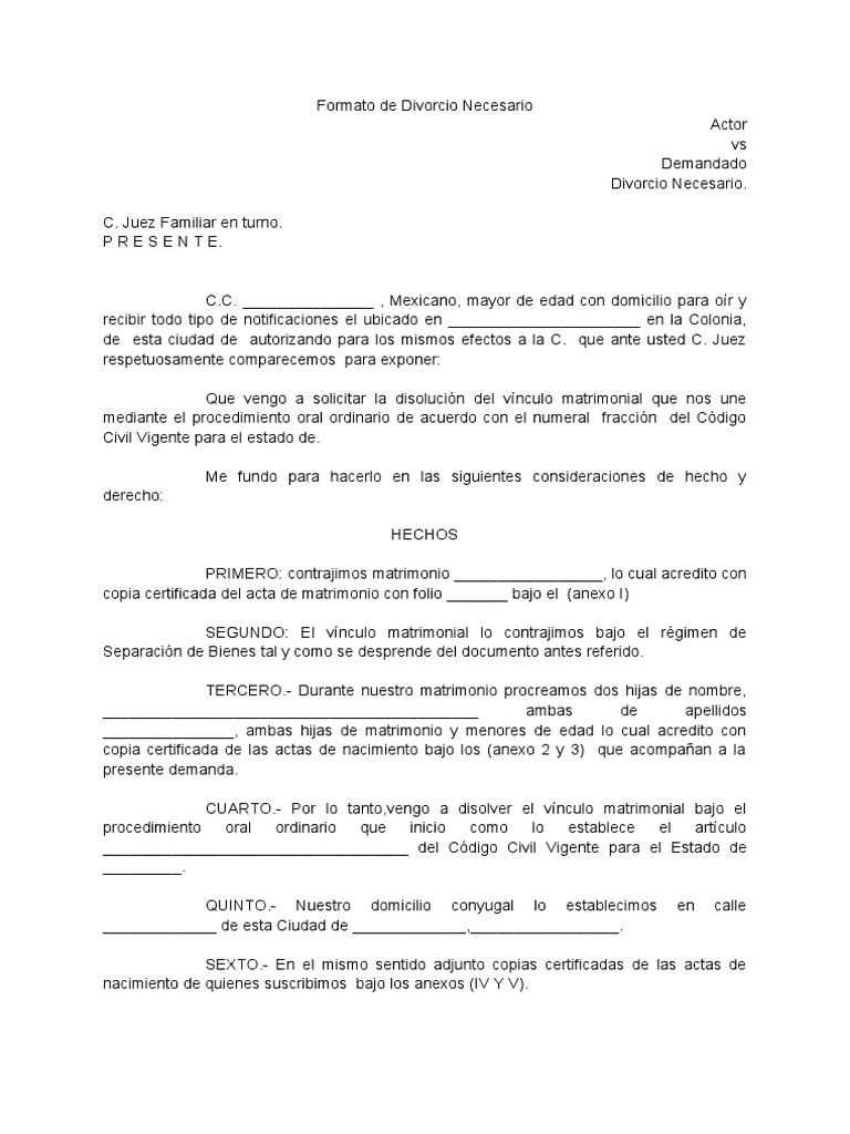 Formato de Divorcio Necesario | PDF | Divorcio | Matrimonio