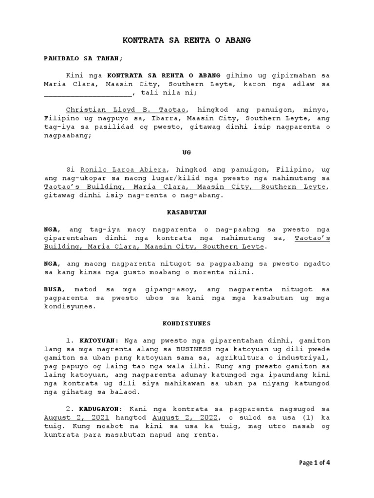Kasabutan Sa Renta Draft | PDF