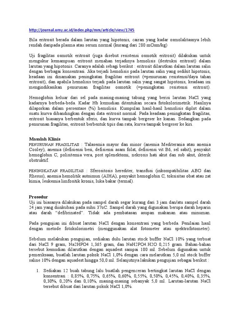 Uji Fragilitas Osmotik Eritrosit | PDF | Memasak, Makanan, & Anggur ...