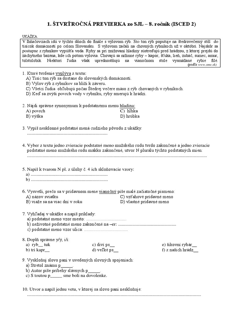 Stvrtrocna Previerka Zo SJL - 8. Rocnik (ISCED 2) | PDF