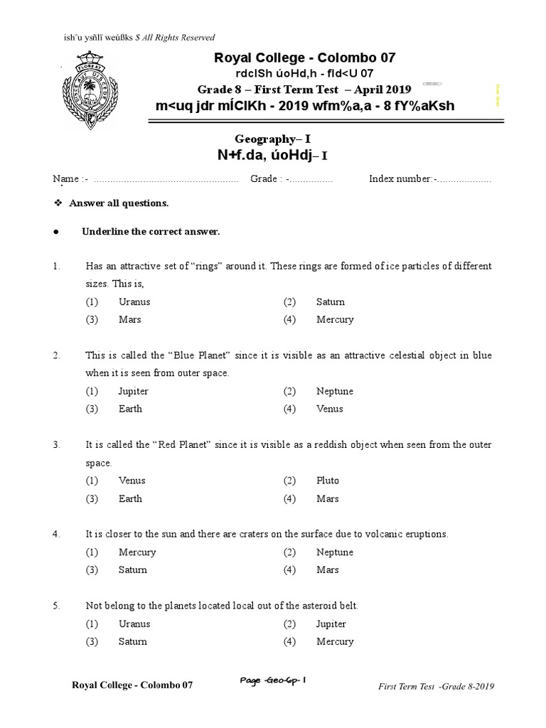 Royal College Grade 08 Geography First Term Paper English Medium | PDF ...