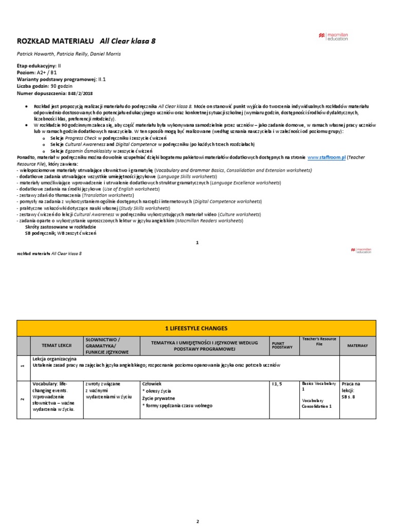 All Clear Kl8 Rozklad Materialu | PDF