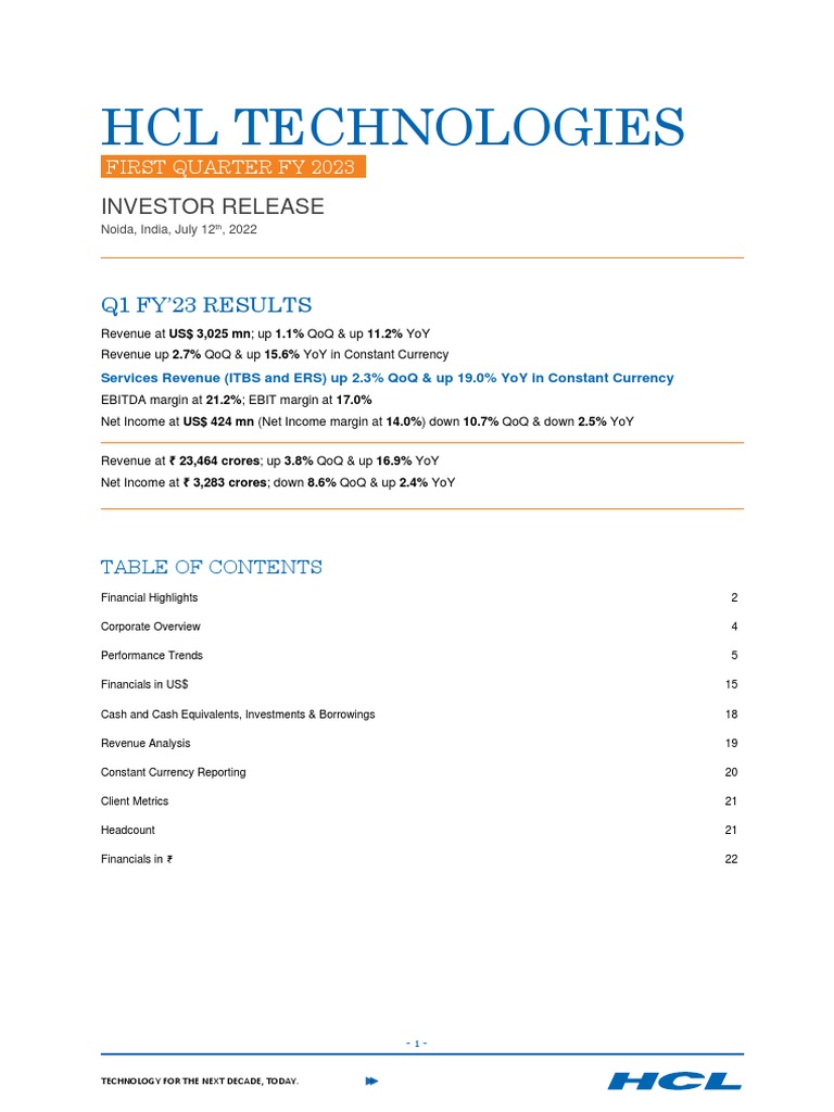 Hcl Tech Q1 Fy23 Investor Release Pdf Amazon Web Services Cloud Computing
