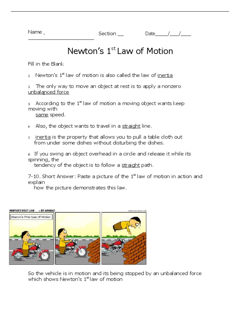 1st Law of Motion Worksheet | PDF | Science & Mathematics