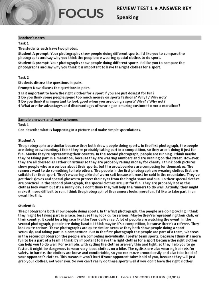 Focus3 2E Review Test 1 Units1 2 Speaking GroupA B ANSWERS | PDF