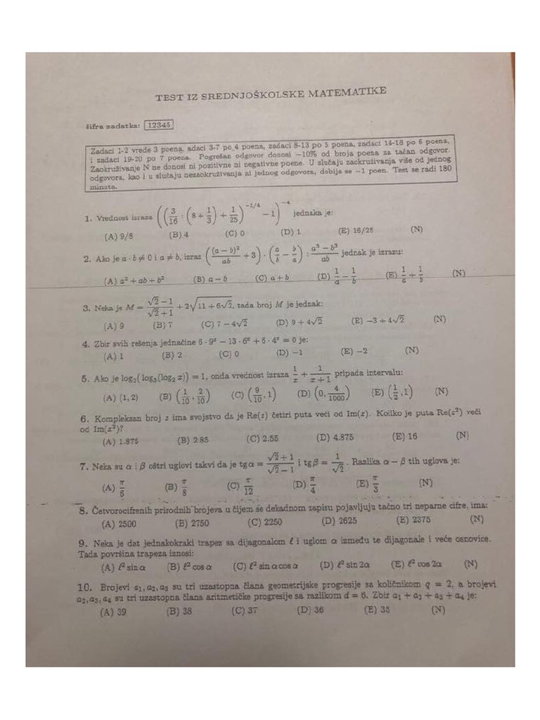 test iz srednjoskolske matematike | PDF