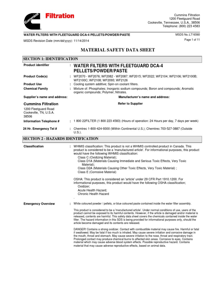 MSDS Water Filters DCA4 Additive | PDF | Firefighting | Fires