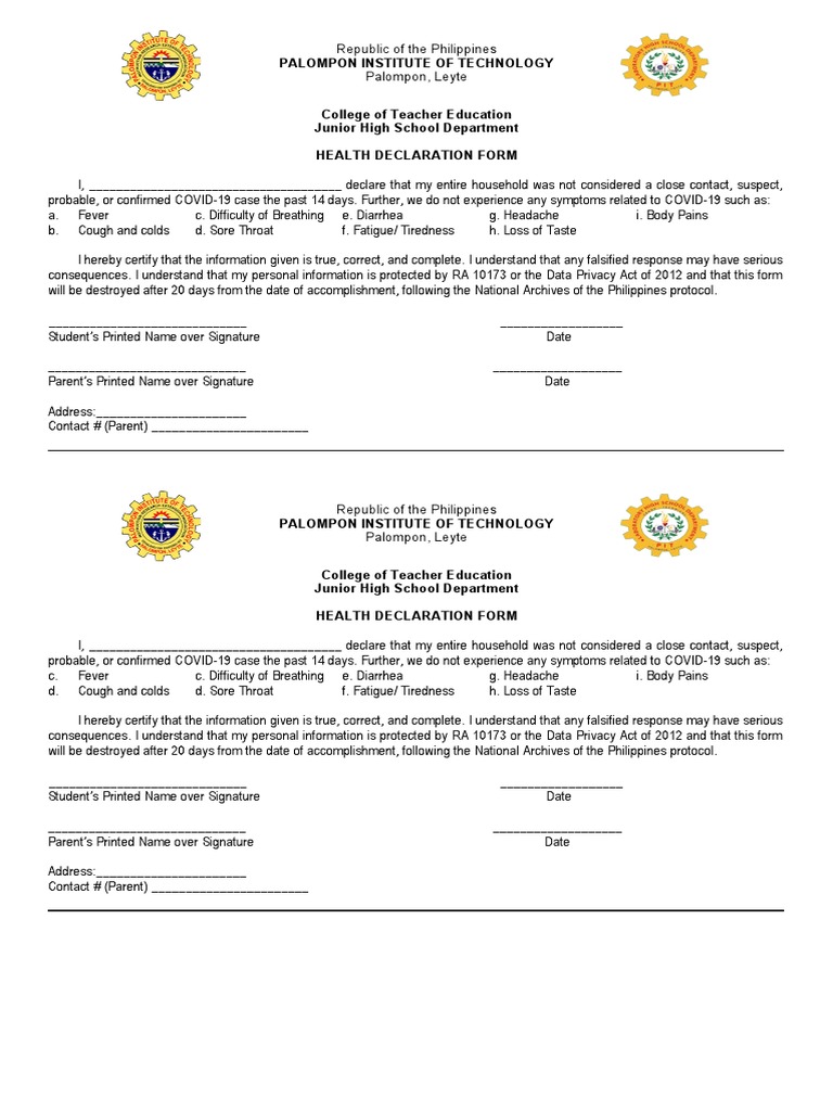 HEALTH-DECLARATION-FORM | PDF | Common Cold | Health Sciences