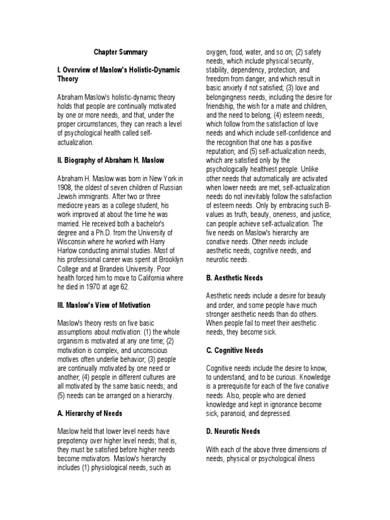 Abraham Maslow's Holistic-Dynamic Theory | PDF | Self Actualization | Motivation