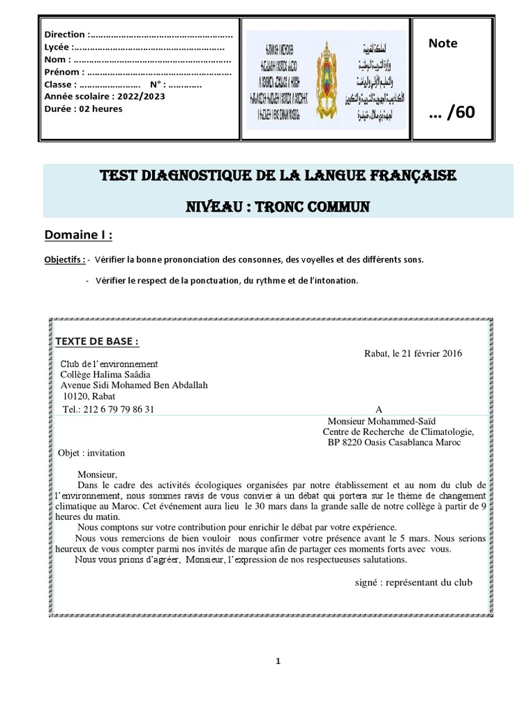 TR .C. Evaluation Diagnostique | PDF | Linguistique