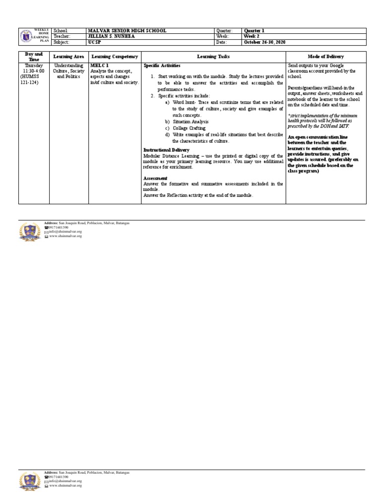 WEEKLY-HOME-LEARNING-PLAN-week-2 - Ucsp | PDF | Learning | Teaching