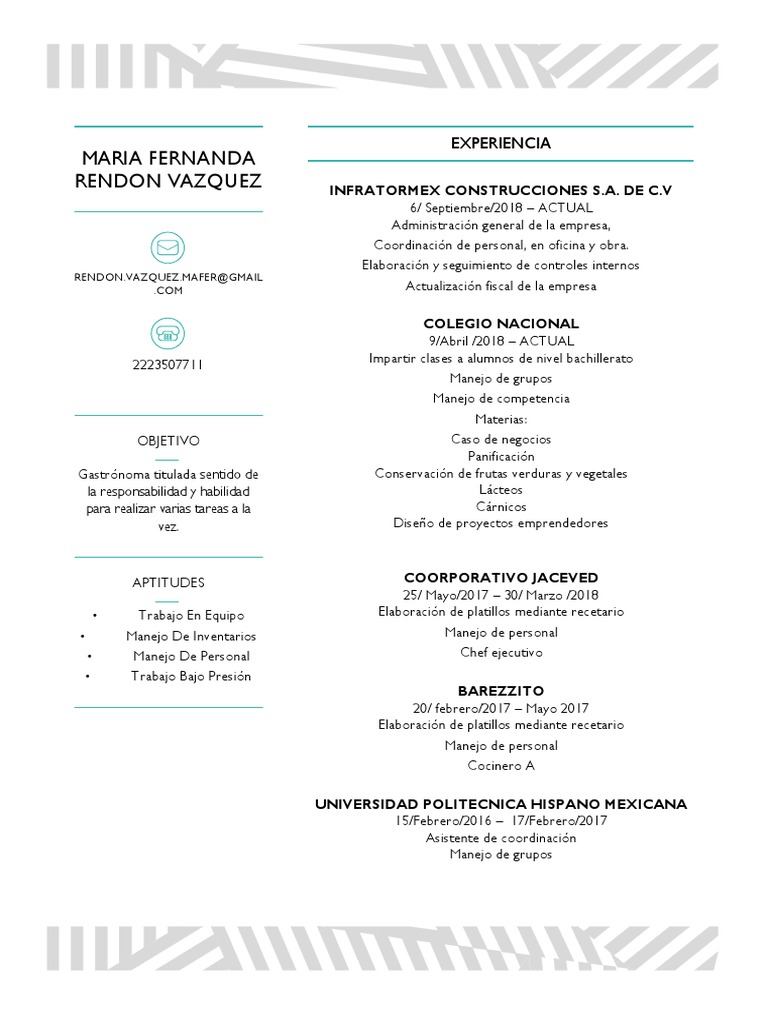 Maria Fernanda Rendon Vazquez: Experiencia | PDF | Preparación de ...