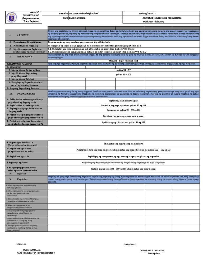 2nd-Quarter-Daily-Lesson-Log-EsP-7 | PDF