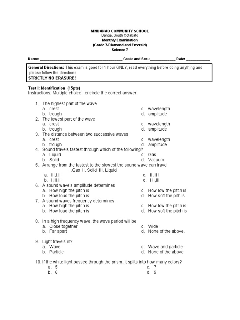 Monthly Exam Grade 7 | PDF | Waves | Sound