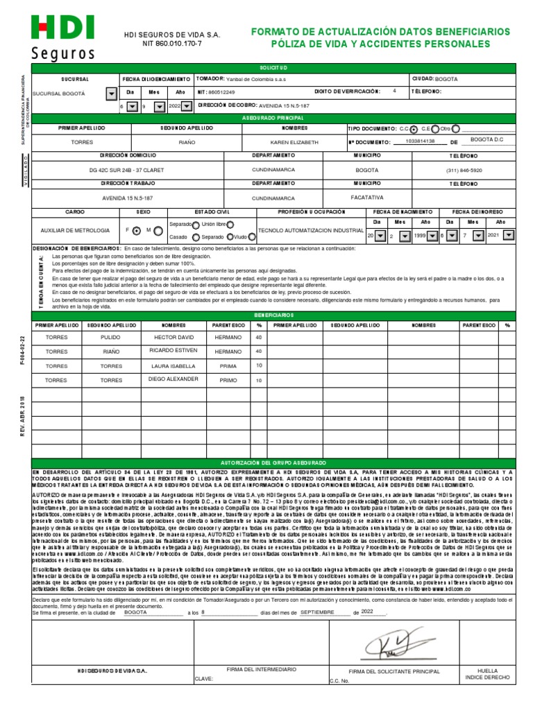 Formato de Actualización Beneficiarios Vida y AP HDI | PDF | Póliza de seguros | Seguro