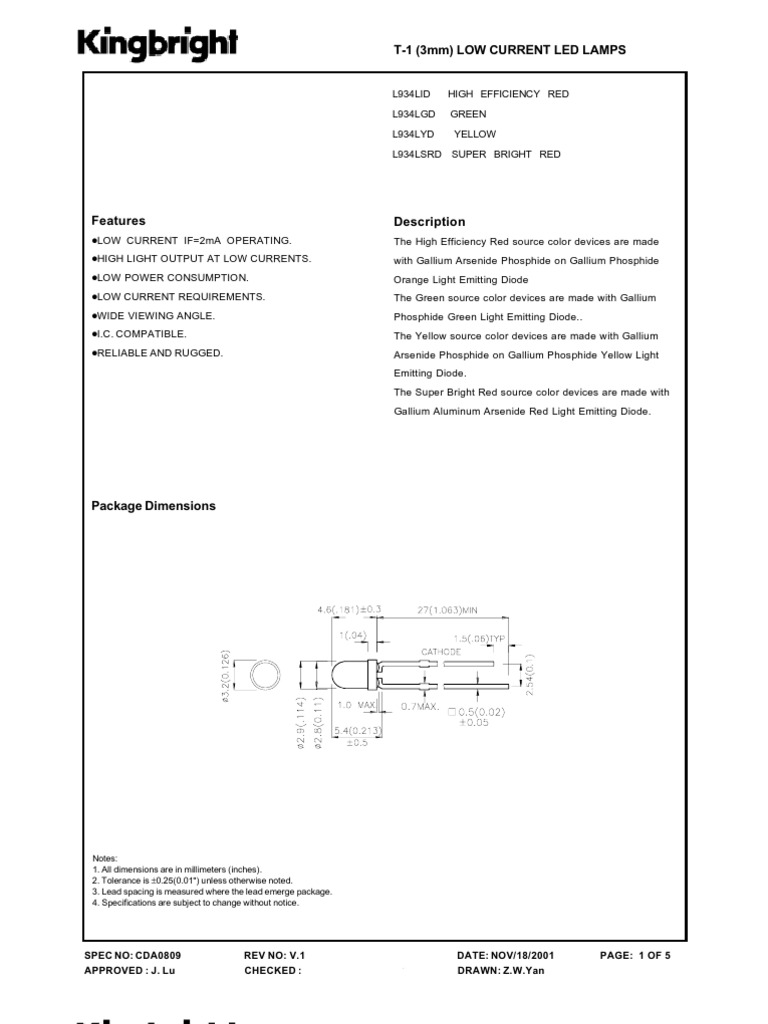 T-1 (3Mm) Low Current Led Lamps | PDF | Science & Mathematics