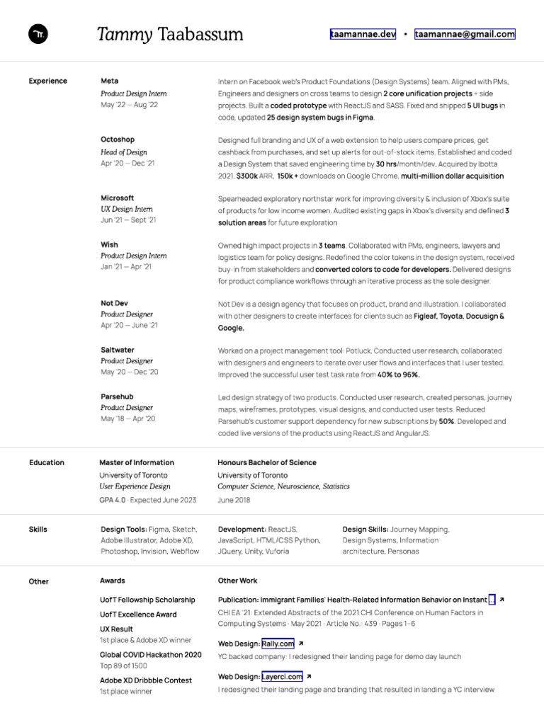 Tammy Taabassum Resume | PDF | Web Design | Product Development