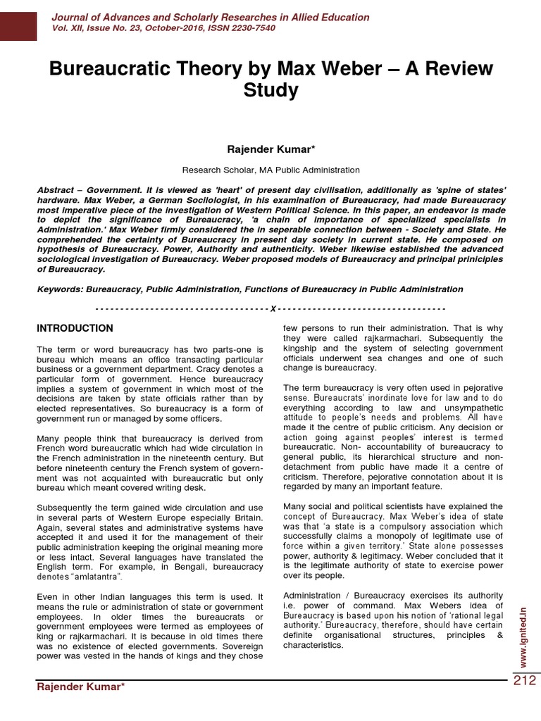 Bureaucratic Theory by Max Weber - A Review Study: Rajender Kumar | PDF | Bureaucracy | Max Weber