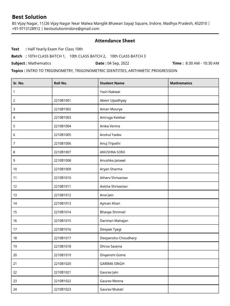 Roll No Sheet For 10th | PDF