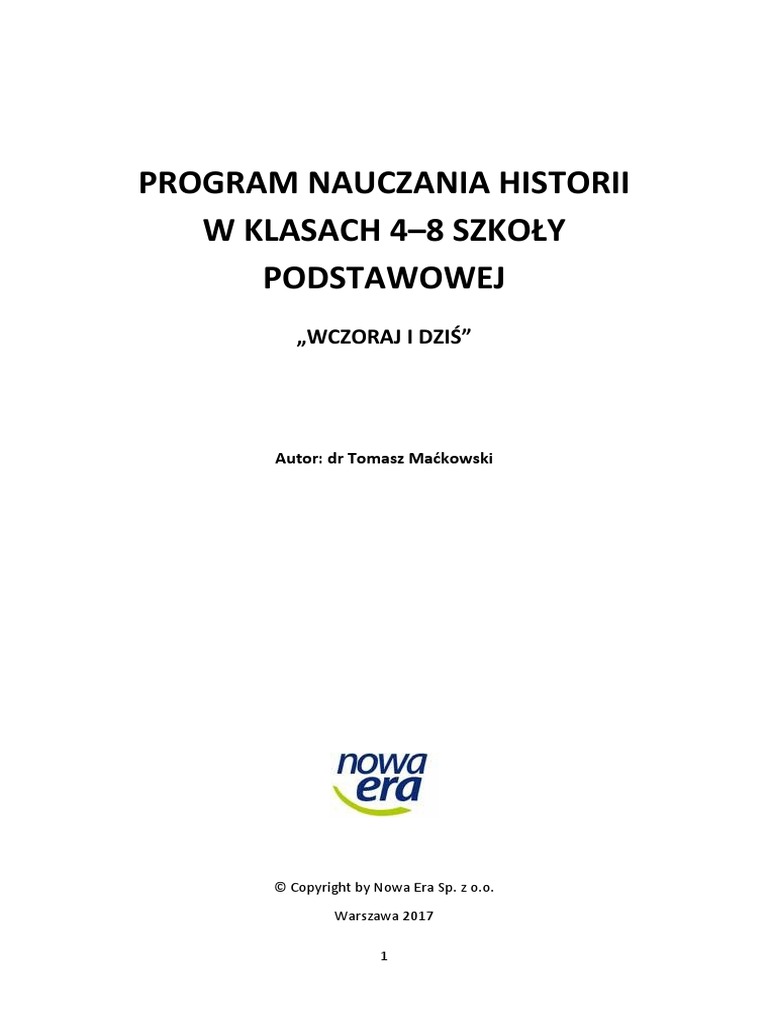 Program Nauczania Historii Kl4 8 Wczoraj I Dzis | PDF