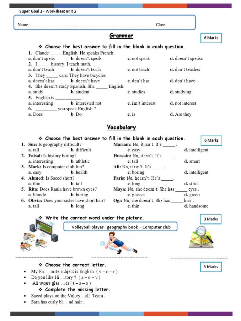 Super Goal 2 - Worksheet Unit 2 | PDF | Linguistics