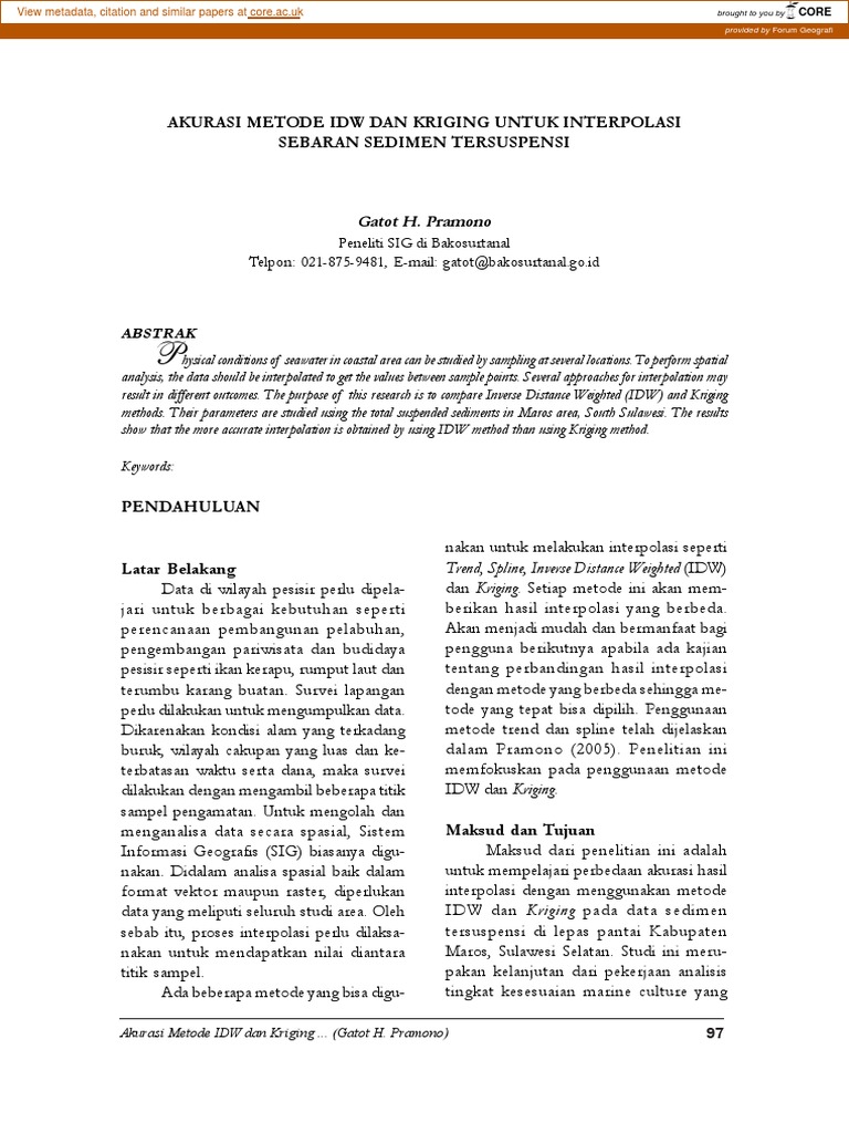 Akurasi Metode Idw Dan Kriging Untuk Interpolasi Sebaran Sedimen ...