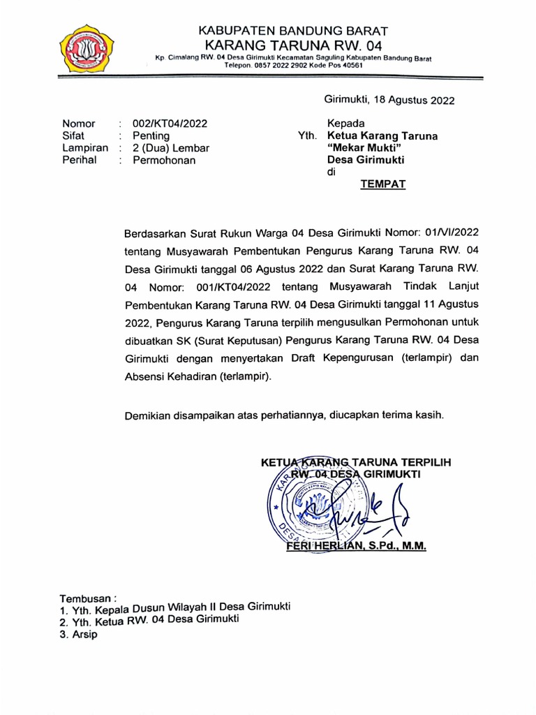 Surat Permohonan SK Pengurus Karang Taruna 04 | PDF