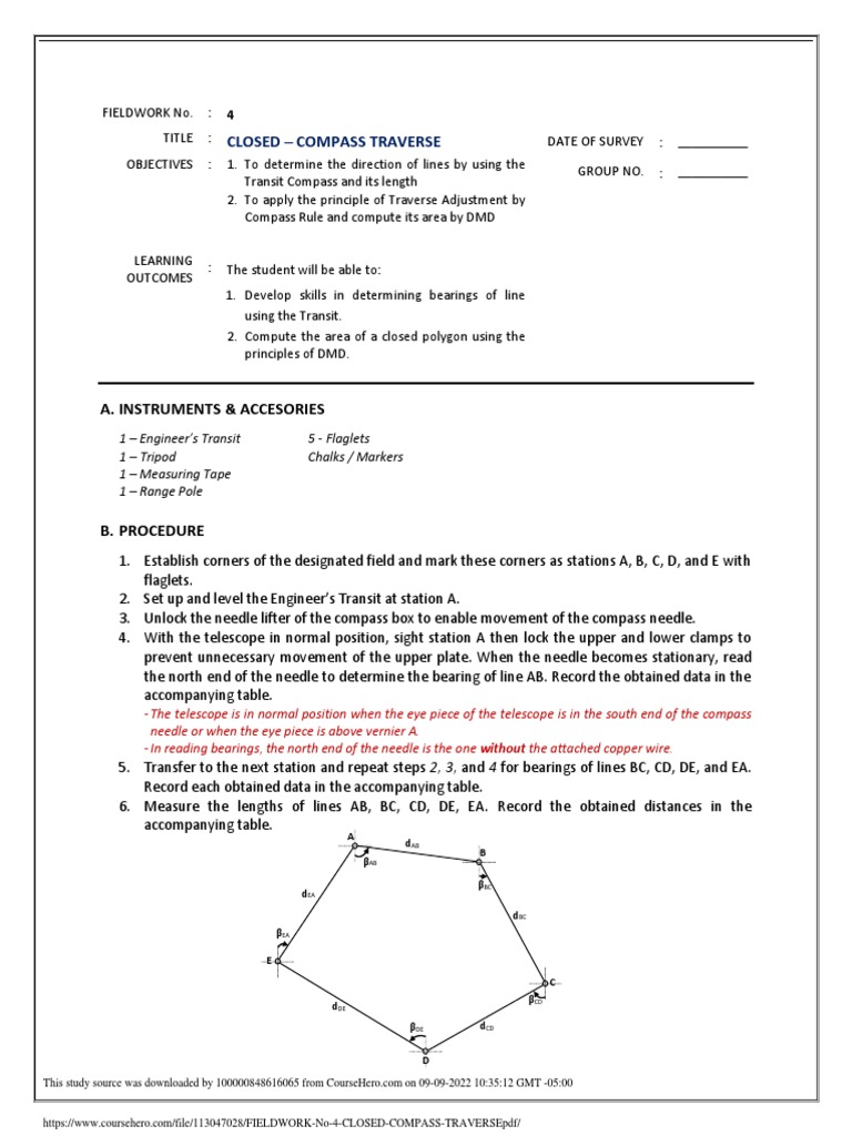 FIELDWORK No. 4 CLOSED COMPASS TRAVERSE PDF | PDF | Compass | Surveying