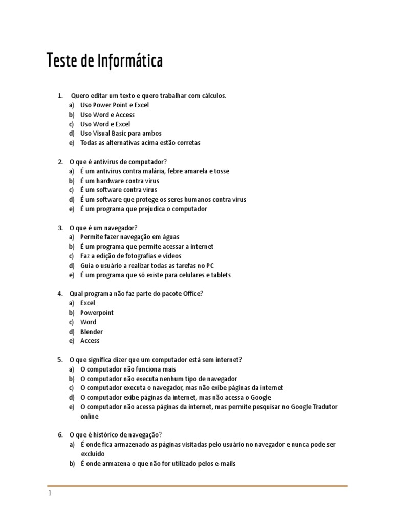 Teste de Informática | PDF | Vírus de computador | Microsoft Excel