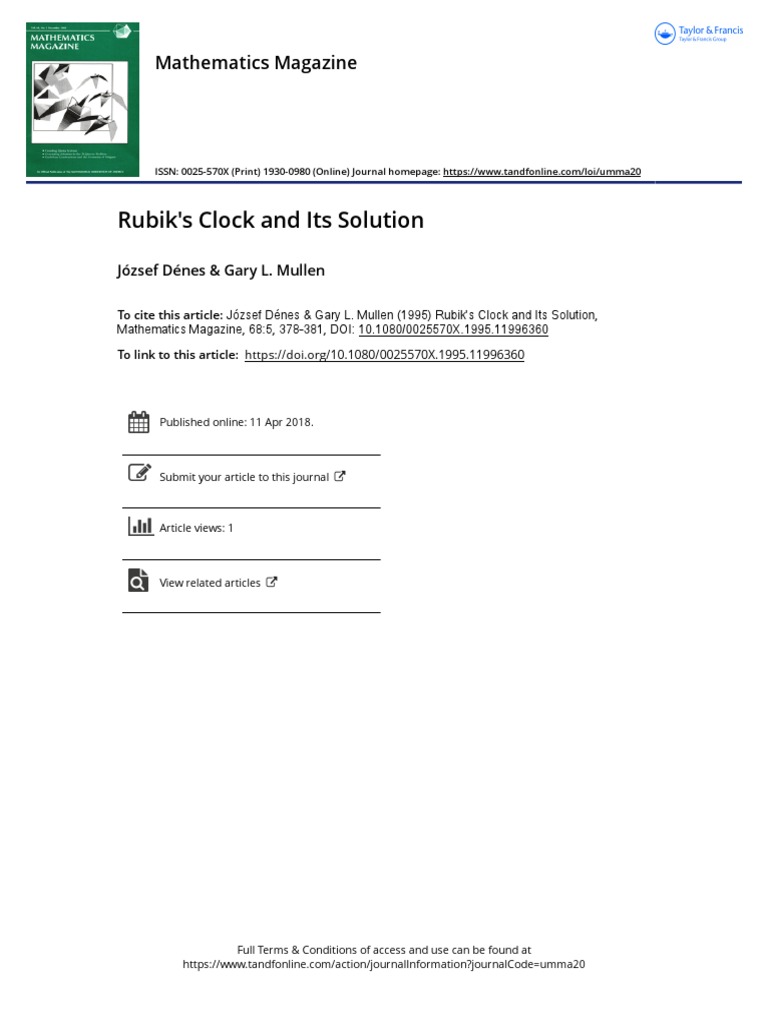 Rubik's Clock and Its Solution: Mathematics Magazine | Download Free PDF | System Of Linear ...