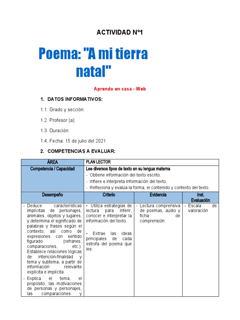 A Mi Tierra Natal | PDF | Comprensión lectora | Aprendizaje