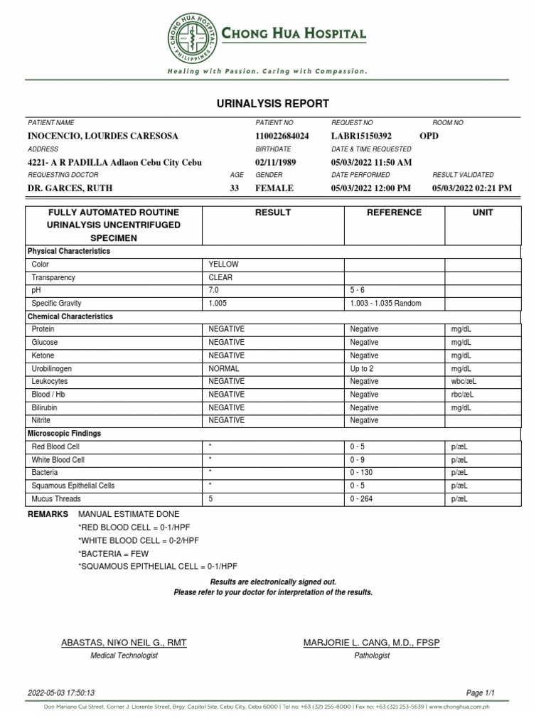 Urinalysis Report: Inocencio, Lourdes Caresosa 110022684024 ...