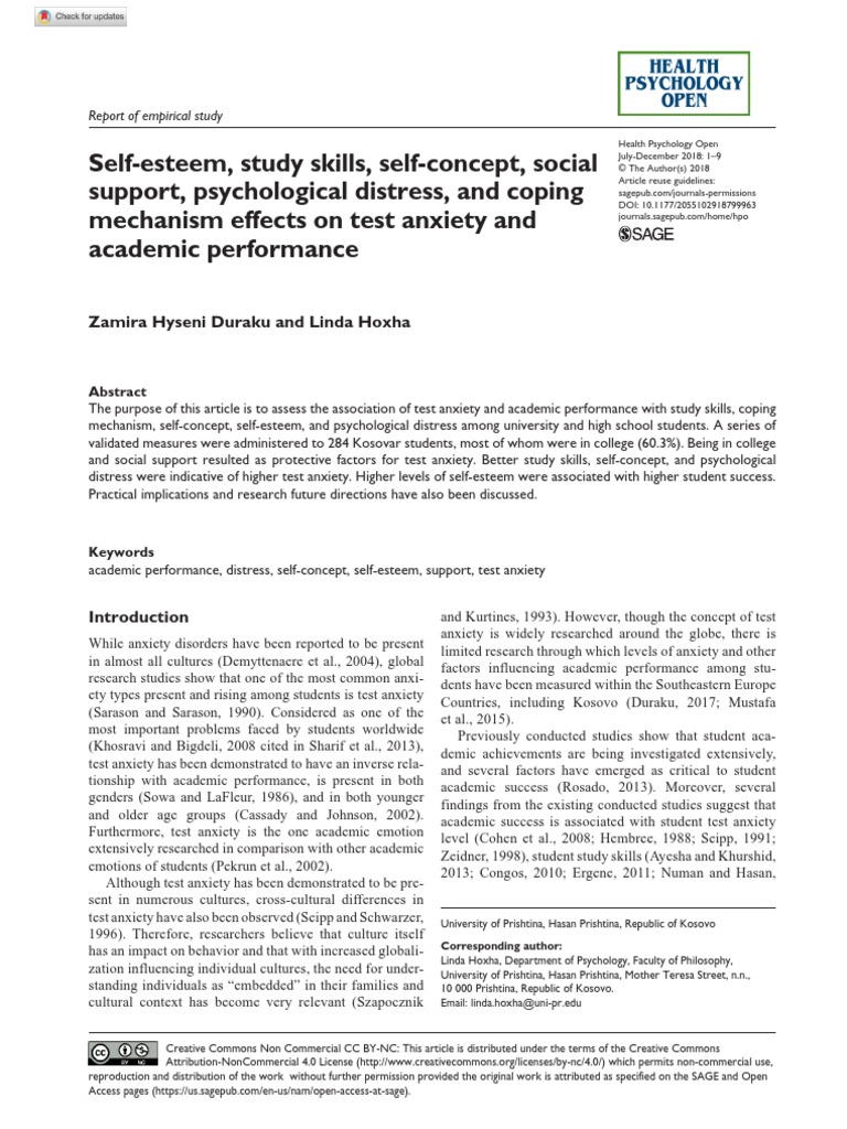 Self Esteem Study Skills Self Concept Social Support Psychological Distress and Coping Mechanism ...