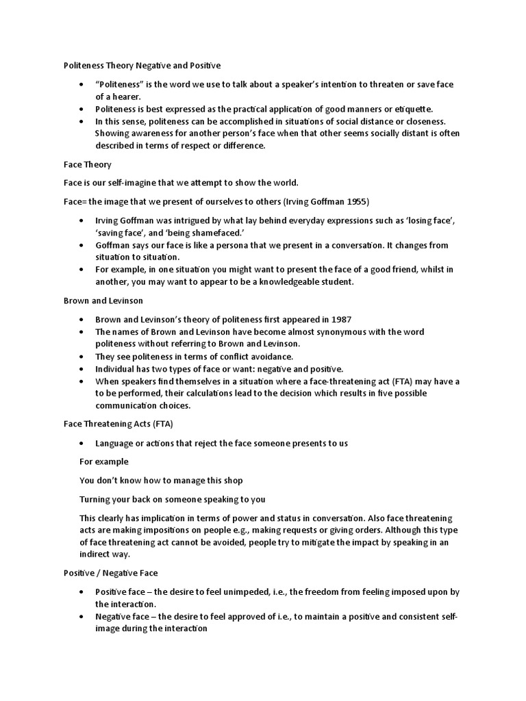 Politeness Theory Negative and Positive | PDF | Behavioural Sciences ...