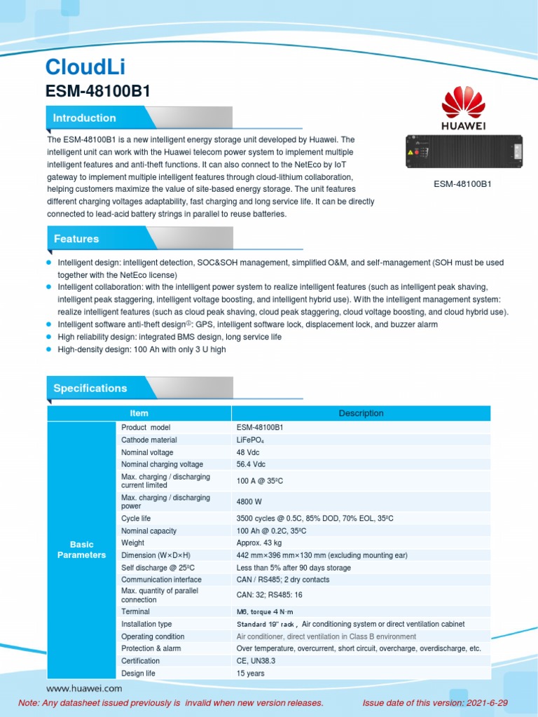 IPowercube Huawei CloudLi ESM-48100B1 Datasheet 01 01074746-010 - (20210629) | PDF | Electrical ...