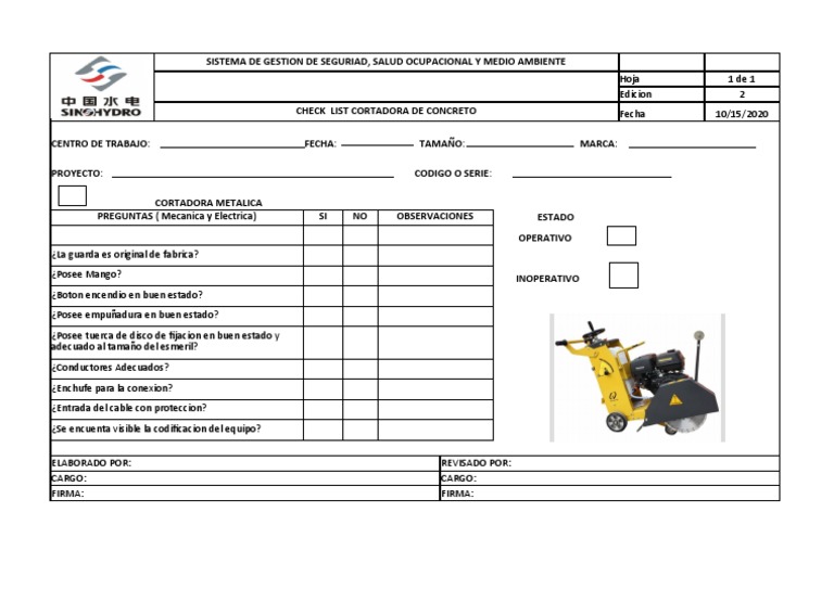 CHECK LIST Cortadora de Concreto 1 | PDF