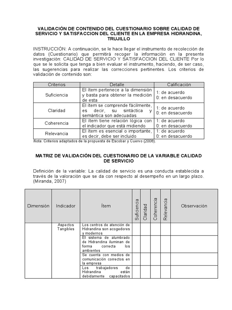 Matriz de Validación del Cuestionario | PDF | Cuestionario | Cliente