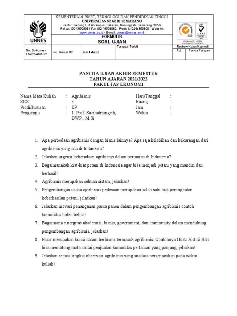 Soal Uas Agribisnis SMT Genap 2022 | PDF