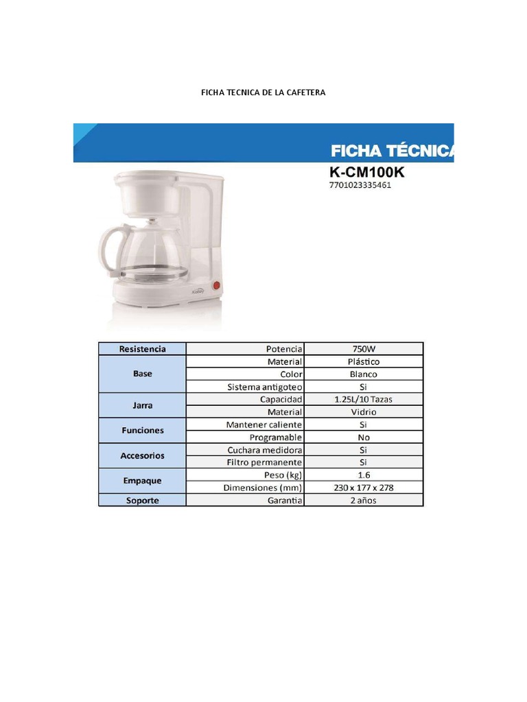 Ficha Tecnica Cafetera | PDF