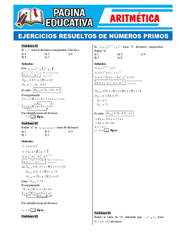 Ejercicios Resueltos de Numeros Primos Pagina Educativa | PDF | Matemáticas