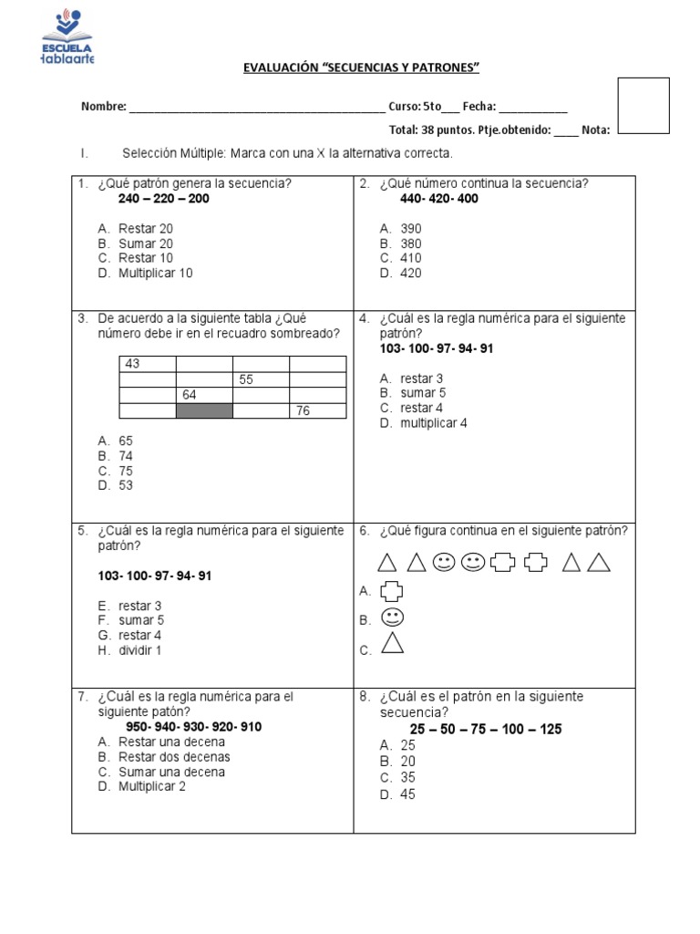 Prueba Secuencias y Patrones 5 Basico 2019 | PDF