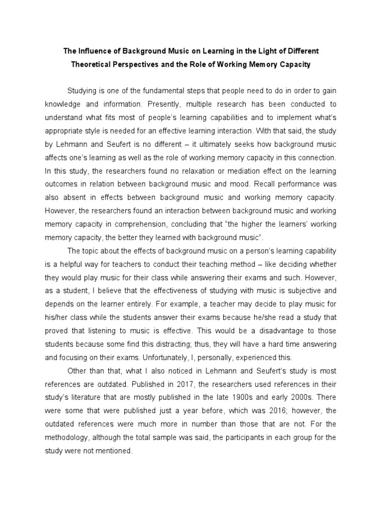 The Influence of Background Music On Learning in The Light of Different Theoretical Perspectives ...