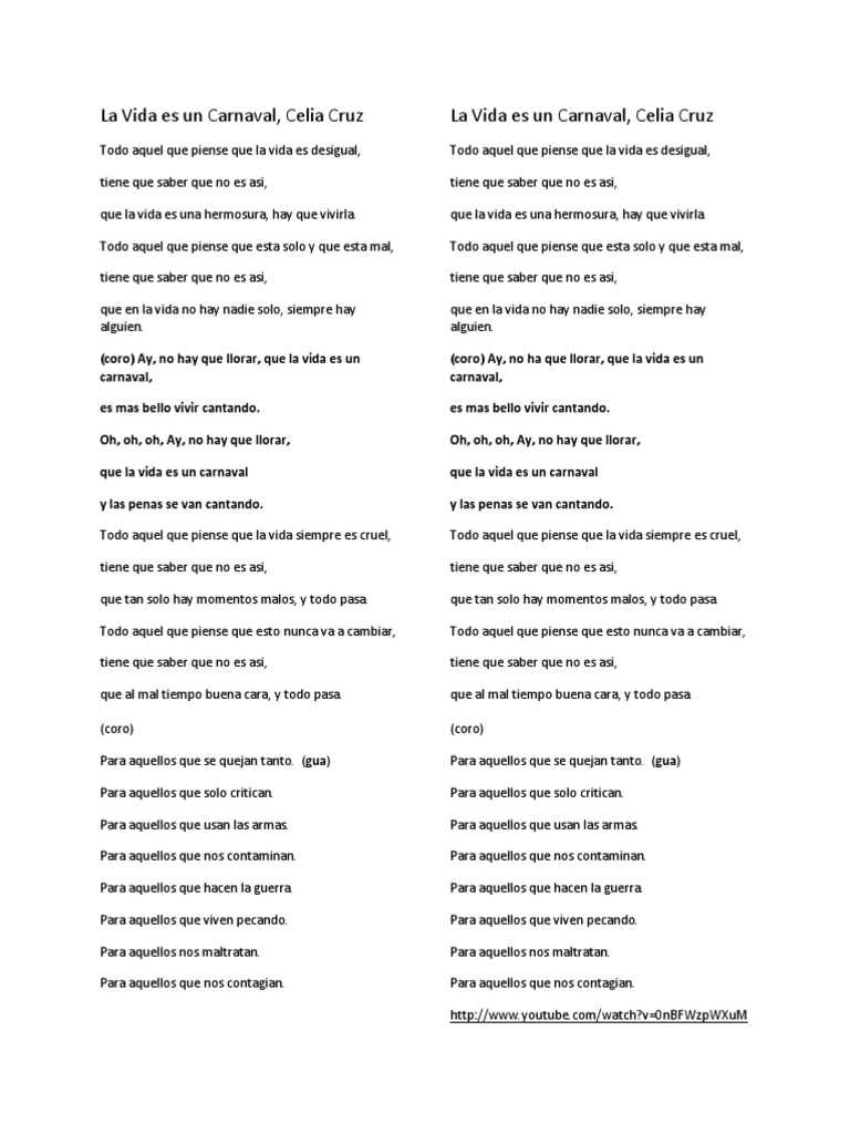 La Vida es un Carnaval - Celia Cruz | PDF