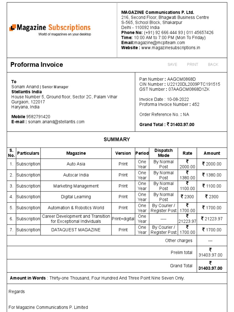 Magazine Subscriptions Proforma Invoice | PDF | Service Industries ...