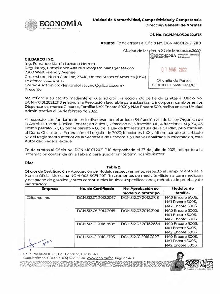 FE DE ERRATAS AL OFICIO DGN4180120212110 GILBARCO - 50nIV | PDF ...