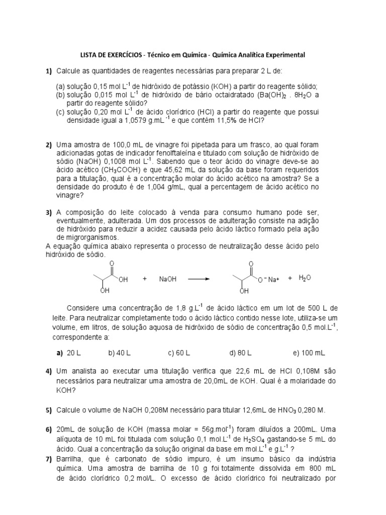Lista de Exercícios Quimica Analitica Experimental | PDF | Ácido | Química