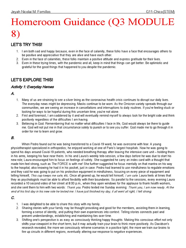 Homeroom Guidance (Q3 MODULE 3) | PDF | Thought | Optimism