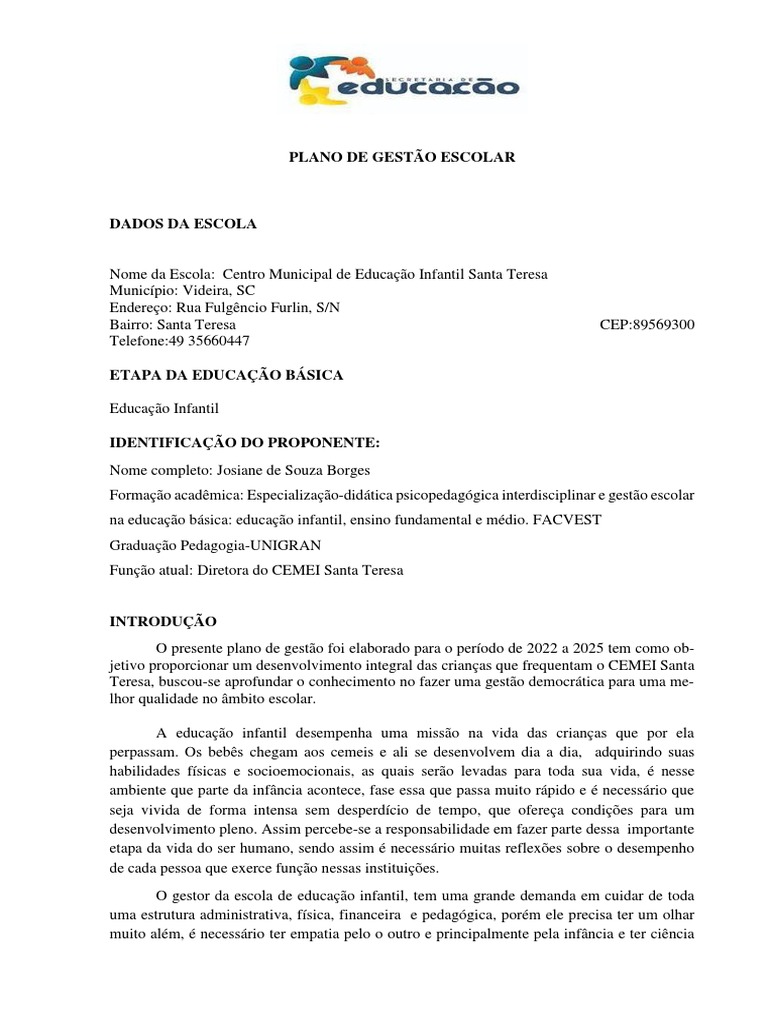 Plano de Gestao Escolar Cemei Santa Tereza Josiane de Souza Borges | PDF Plano de Gestao Escolar Cemei Santa Tereza Josiane de Souza Borges | PDF