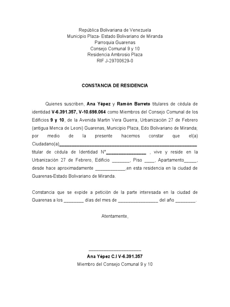 Constancia de Residencia Consejo Comunal Bloques 9 y 10 | PDF | Costa Rica | Autenticación